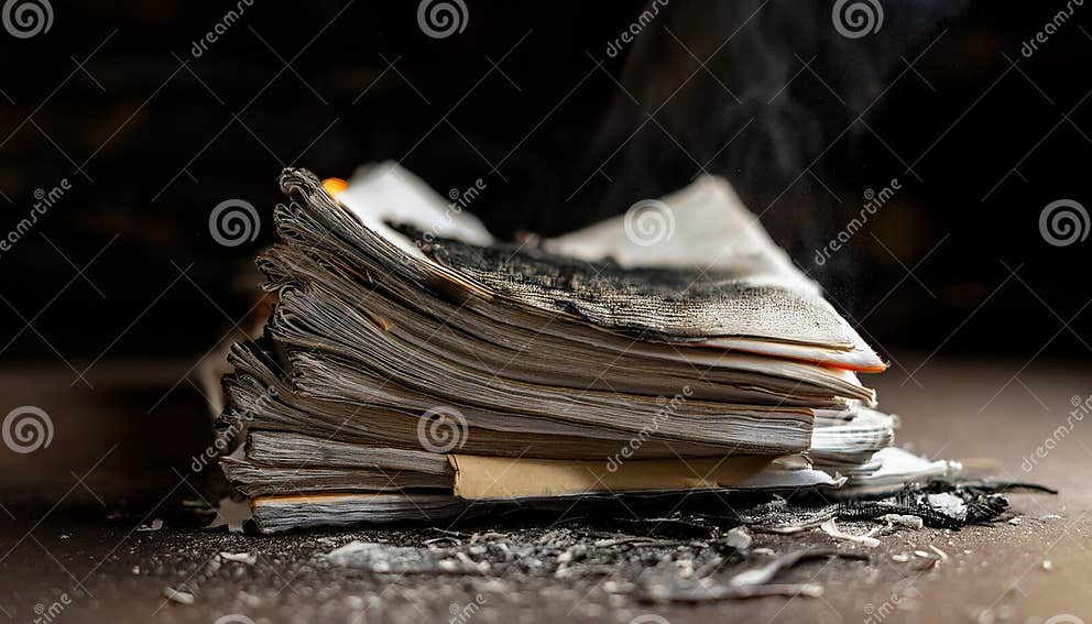Stack of Burned Paper Documents. Dark Background Stock Illustration ...