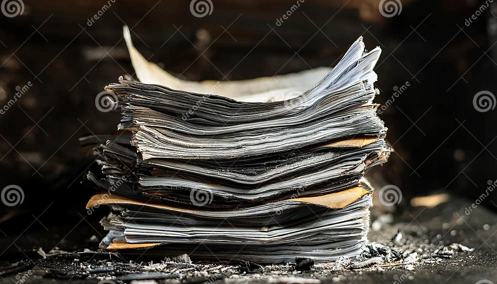 Stack of Burned Paper Documents. Dark Background Stock Illustration ...