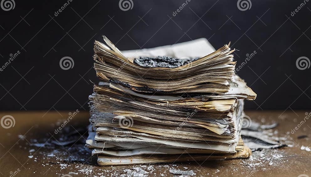 Stack of Burned Paper Documents. Dark Background Stock Illustration ...
