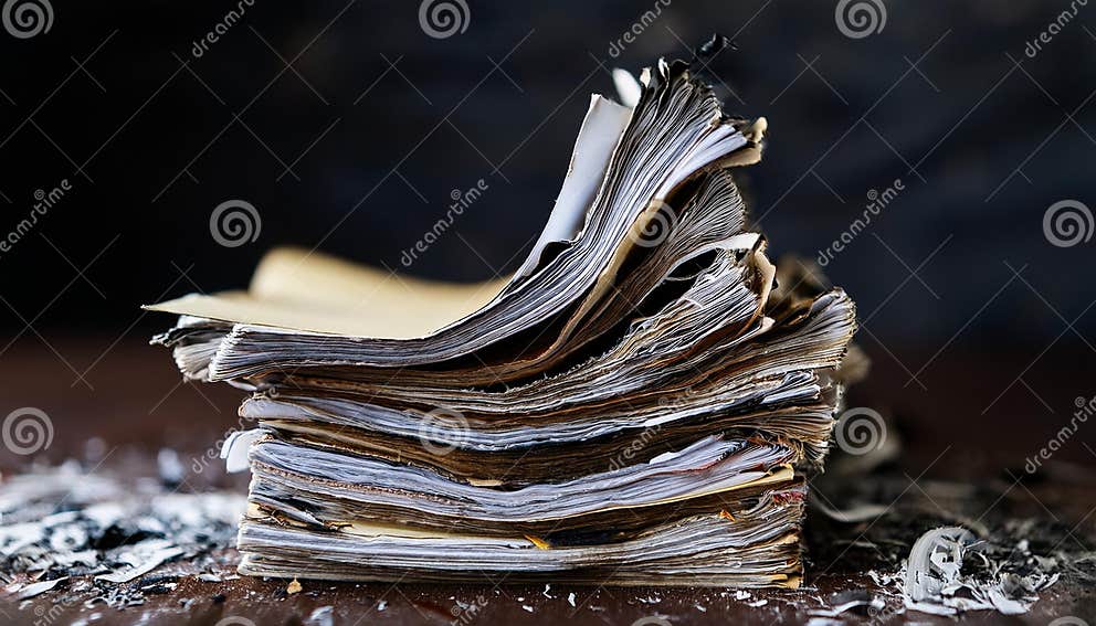 Stack of Burned Paper Documents. Dark Background Stock Illustration ...
