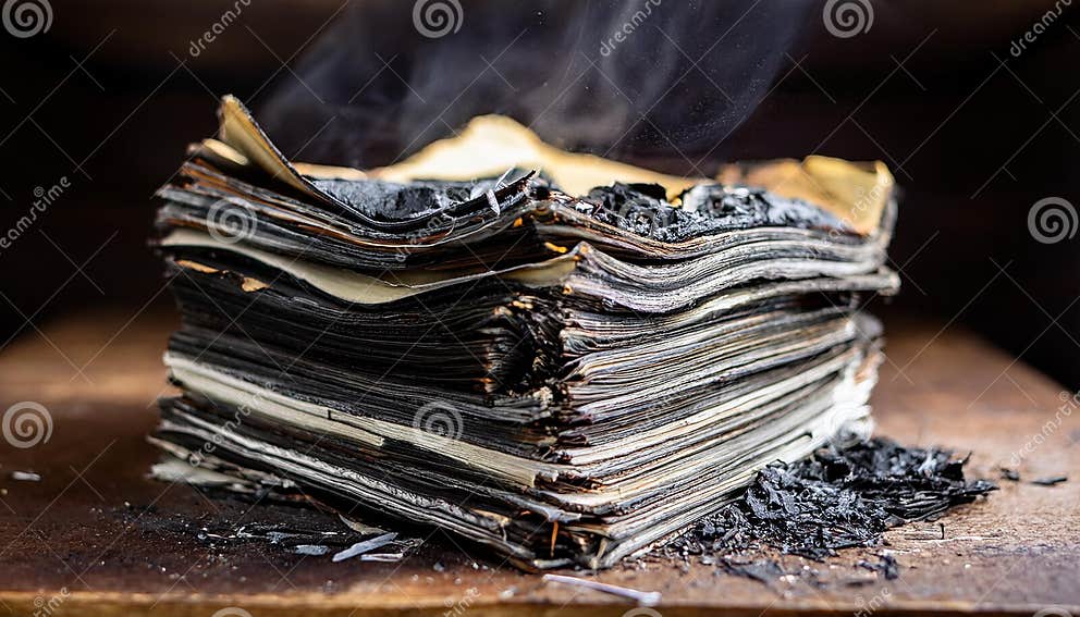 Stack of Burned Paper Documents. Dark Background Stock Illustration ...