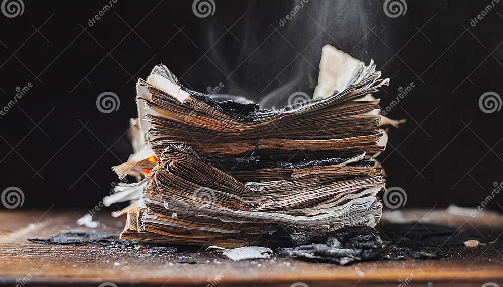 Stack of Burned Paper Documents. Dark Background Stock Illustration ...