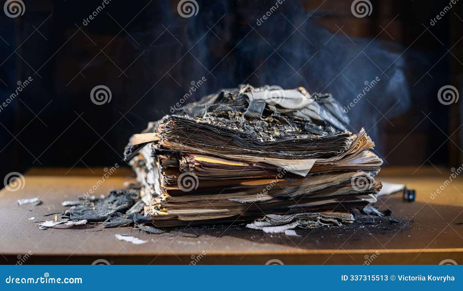 Stack of Burned Paper Documents. Dark Background Stock Illustration ...