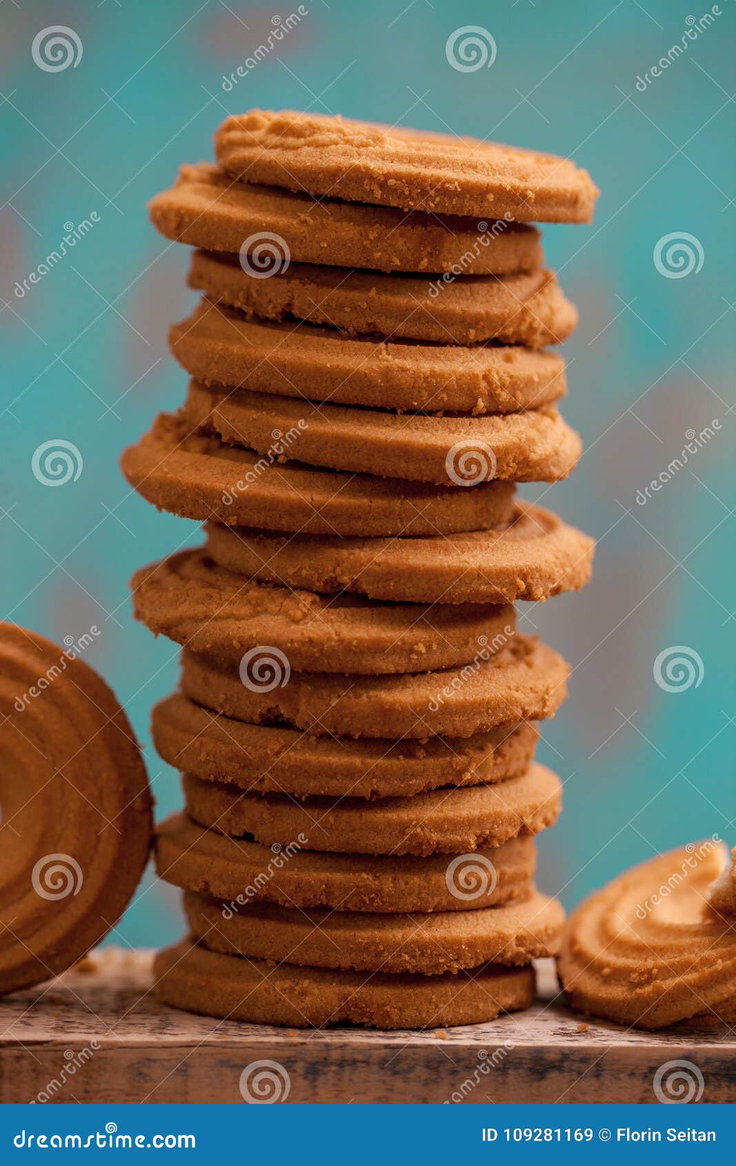 Stack of Butter Cookies/biscuits on Wooden Board with Teal Green Rustic ...