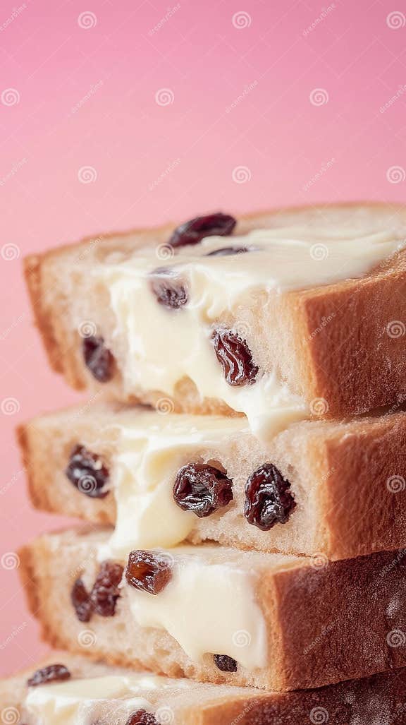 Stack of Buttered Raisin Bread Slices on Pink Background Stock Photo ...