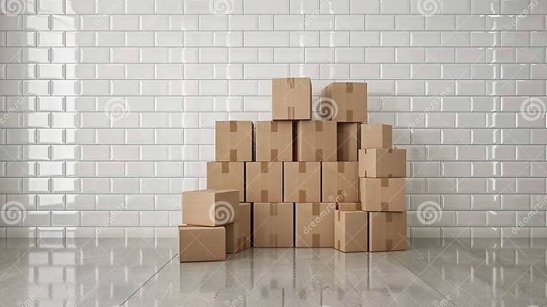 A Stack of Cardboard Boxes Against a White Tile Wall, Possibly in a ...