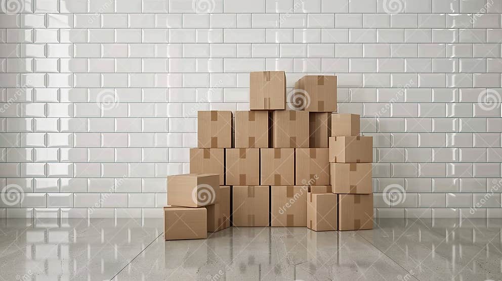 A Stack of Cardboard Boxes Against a White Tile Wall, Possibly in a ...