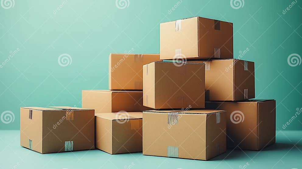 A Stack of Cardboard Boxes with a Blue Background. the Boxes are Piled ...