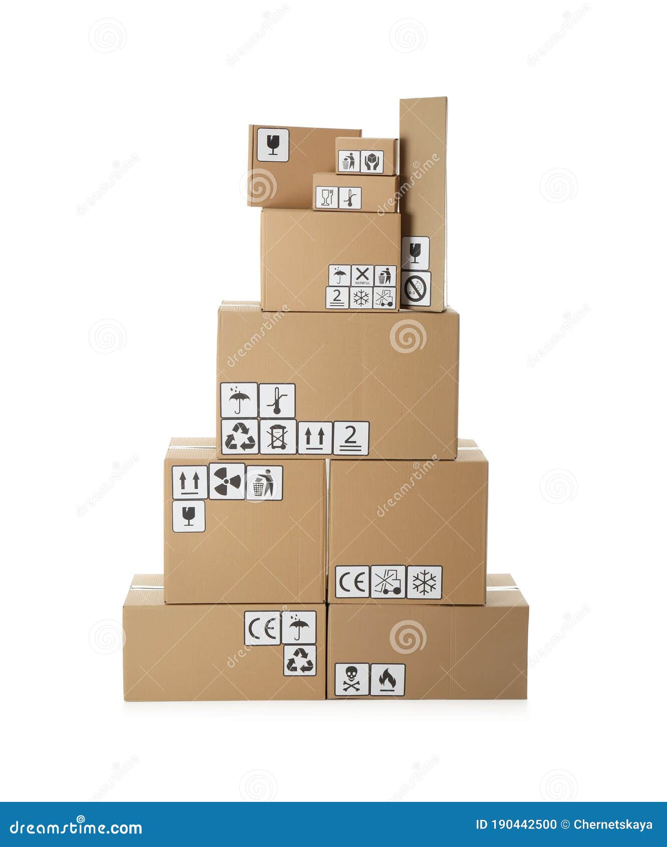 Stack of Cardboard Boxes with Packaging Symbols on White Background ...