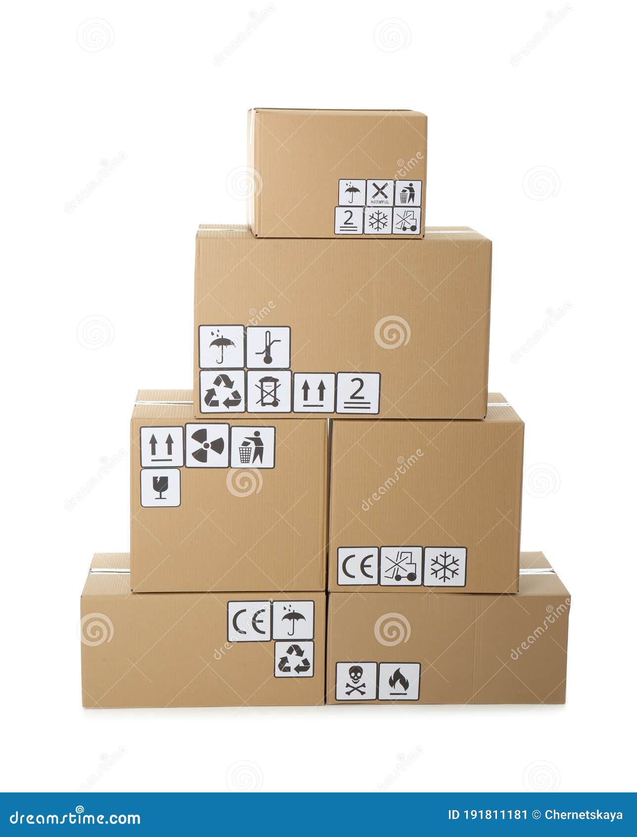 Stack of Cardboard Boxes with Different Packaging Symbols on Background ...