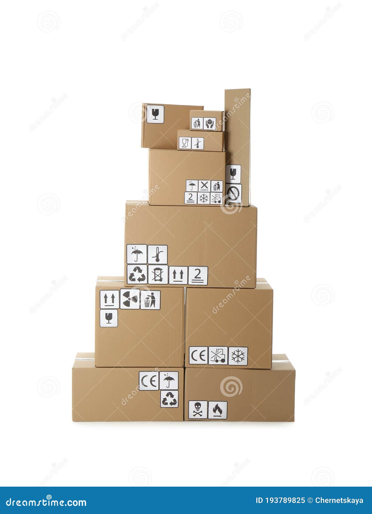 Stack of Cardboard Boxes with Packaging Symbols on White Background ...