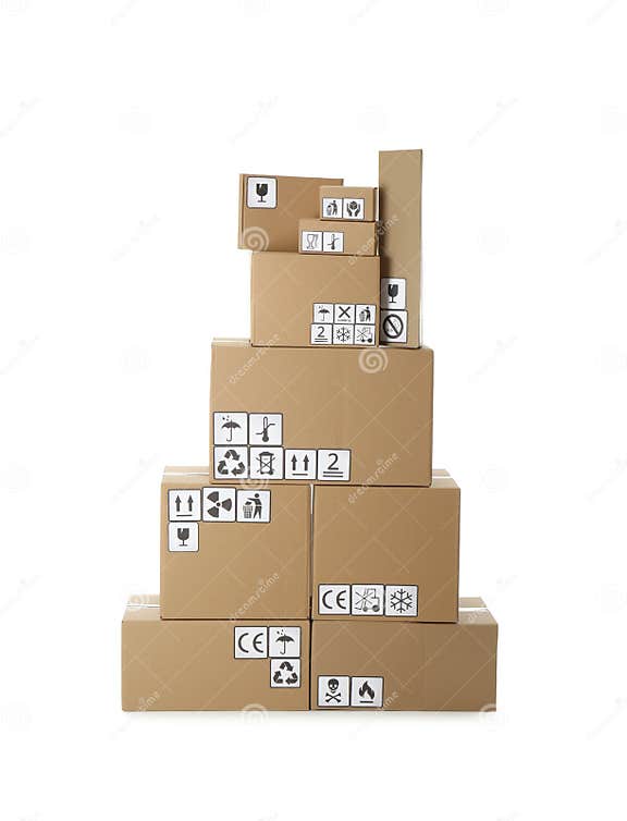 Stack of Cardboard Boxes with Packaging Symbols on White Background ...