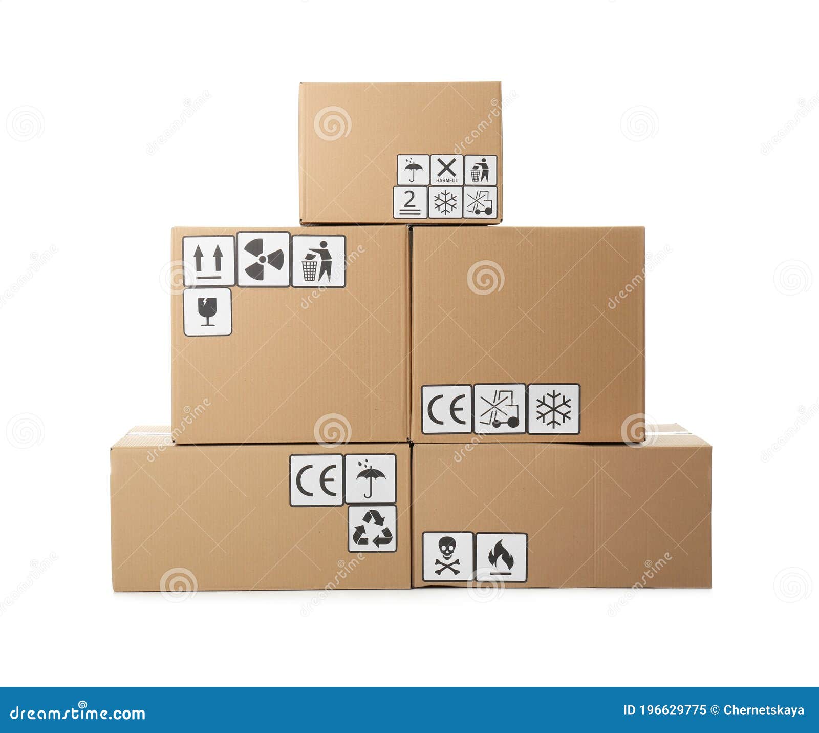 Stack of Cardboard Boxes with Different Packaging Symbols on White ...