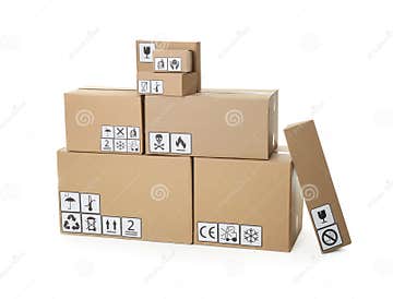 Stack of Cardboard Boxes with Different Packaging Symbols on White ...