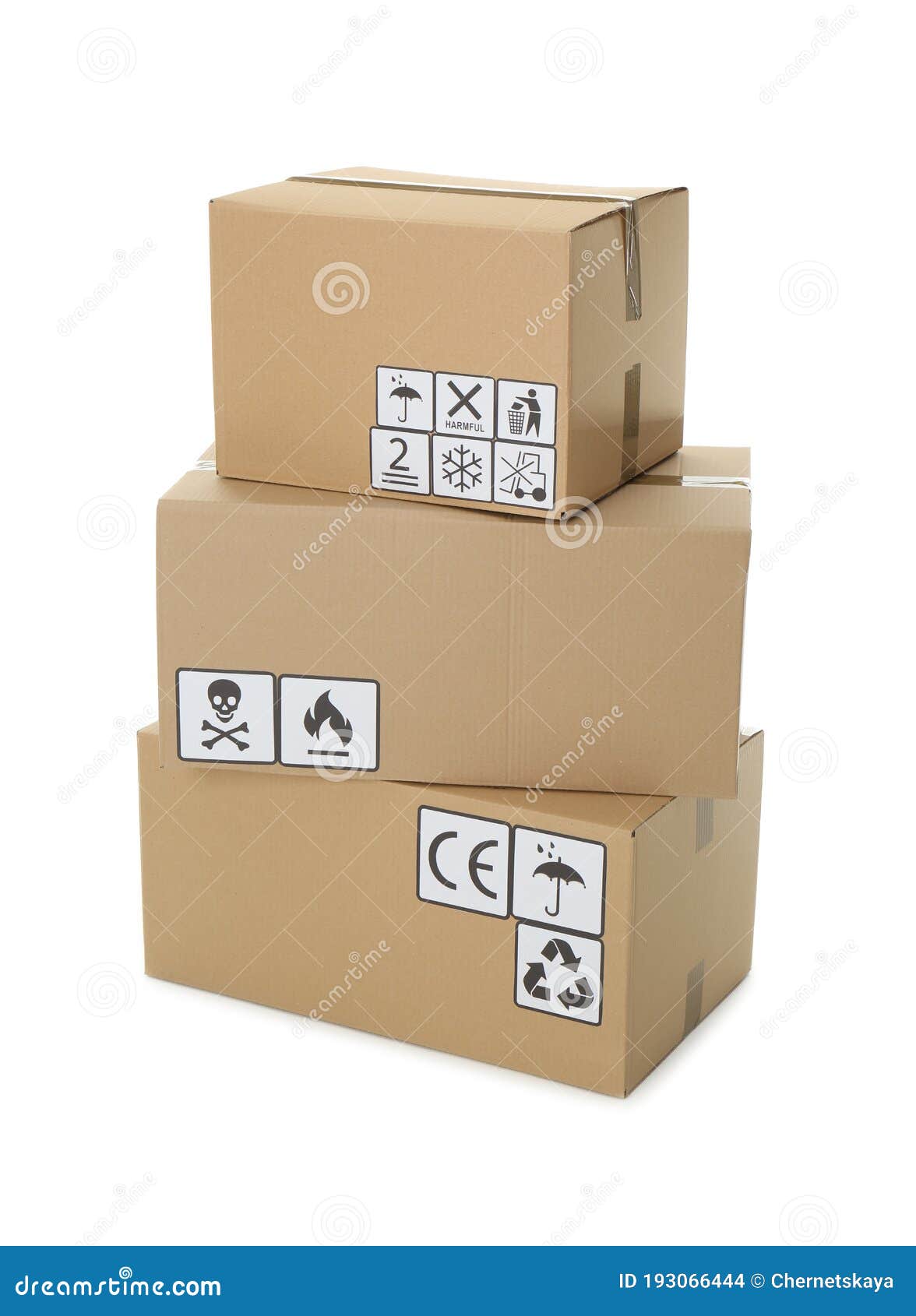 Stack Of Cardboard Boxes With Different Packaging Symbols On Background ...