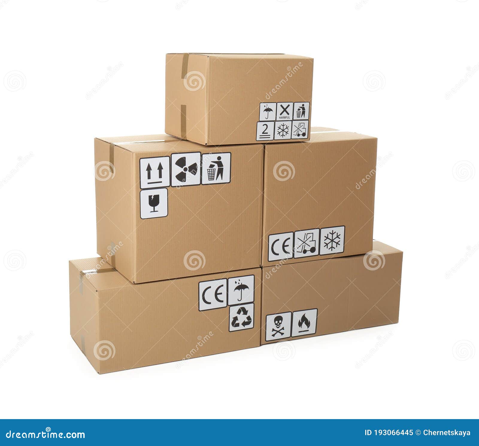 Stack of Cardboard Boxes with Packaging Symbols on White Background ...