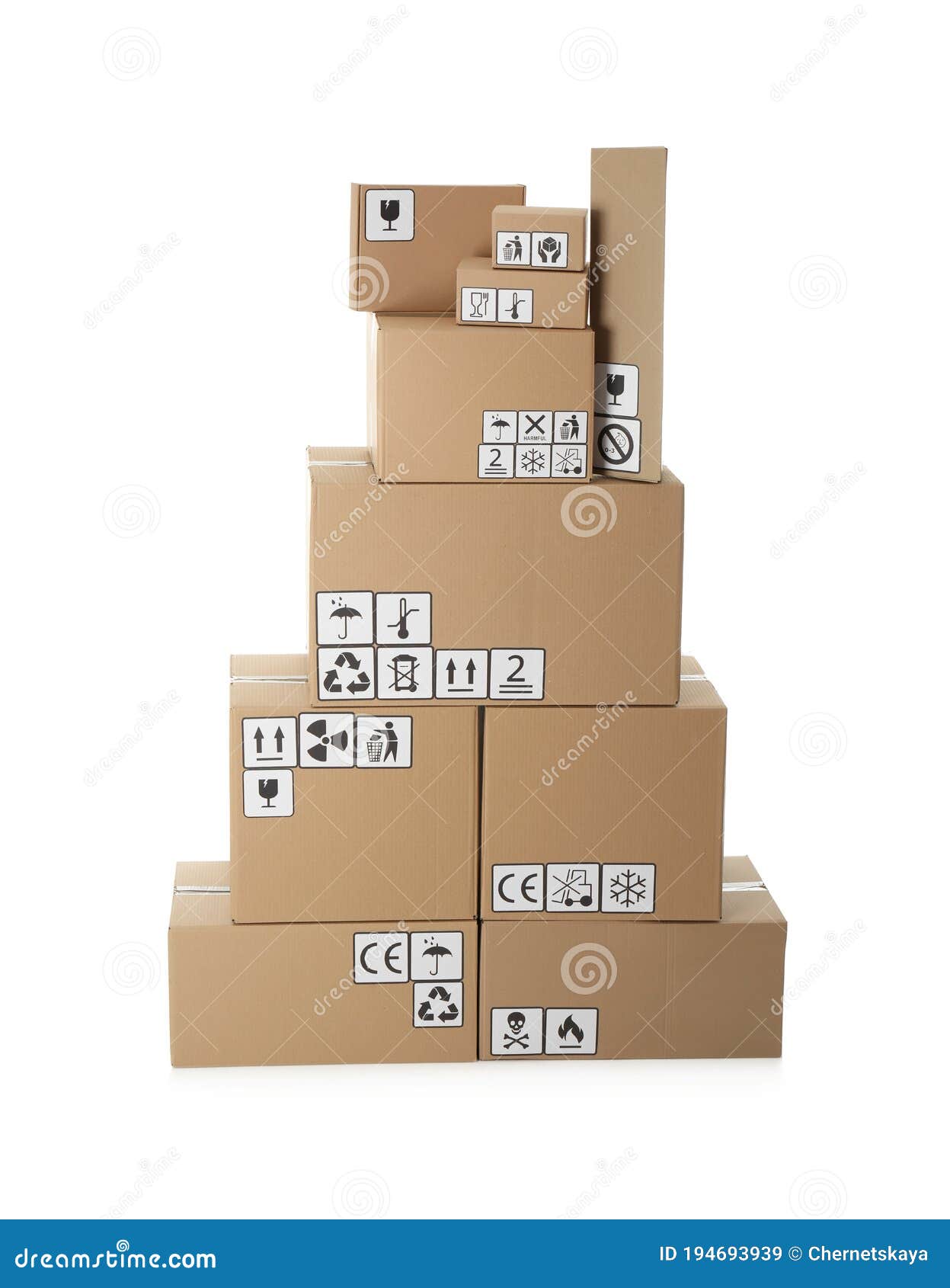 Stack of Cardboard Boxes with Packaging Symbols on White Background ...
