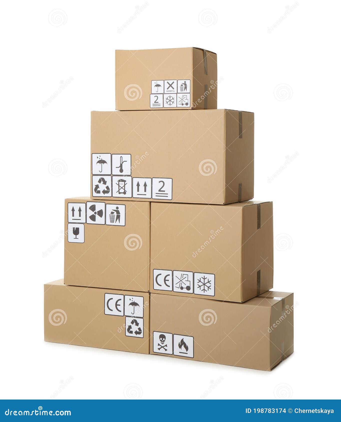 Stack of Cardboard Boxes with Different Packaging Symbols on White ...