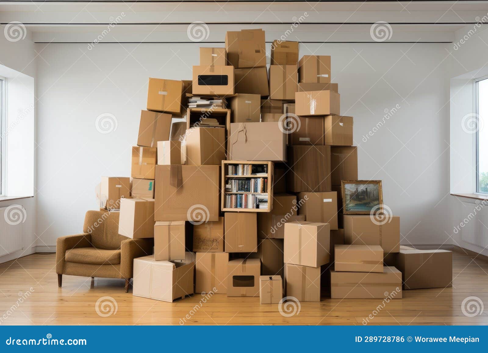 Stack Cardboard Boxes at Living Room. Moving To a New House Stock Photo ...