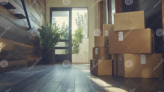 Stack of Cardboard Boxes in a Modern Home Entrance Stock Illustration ...