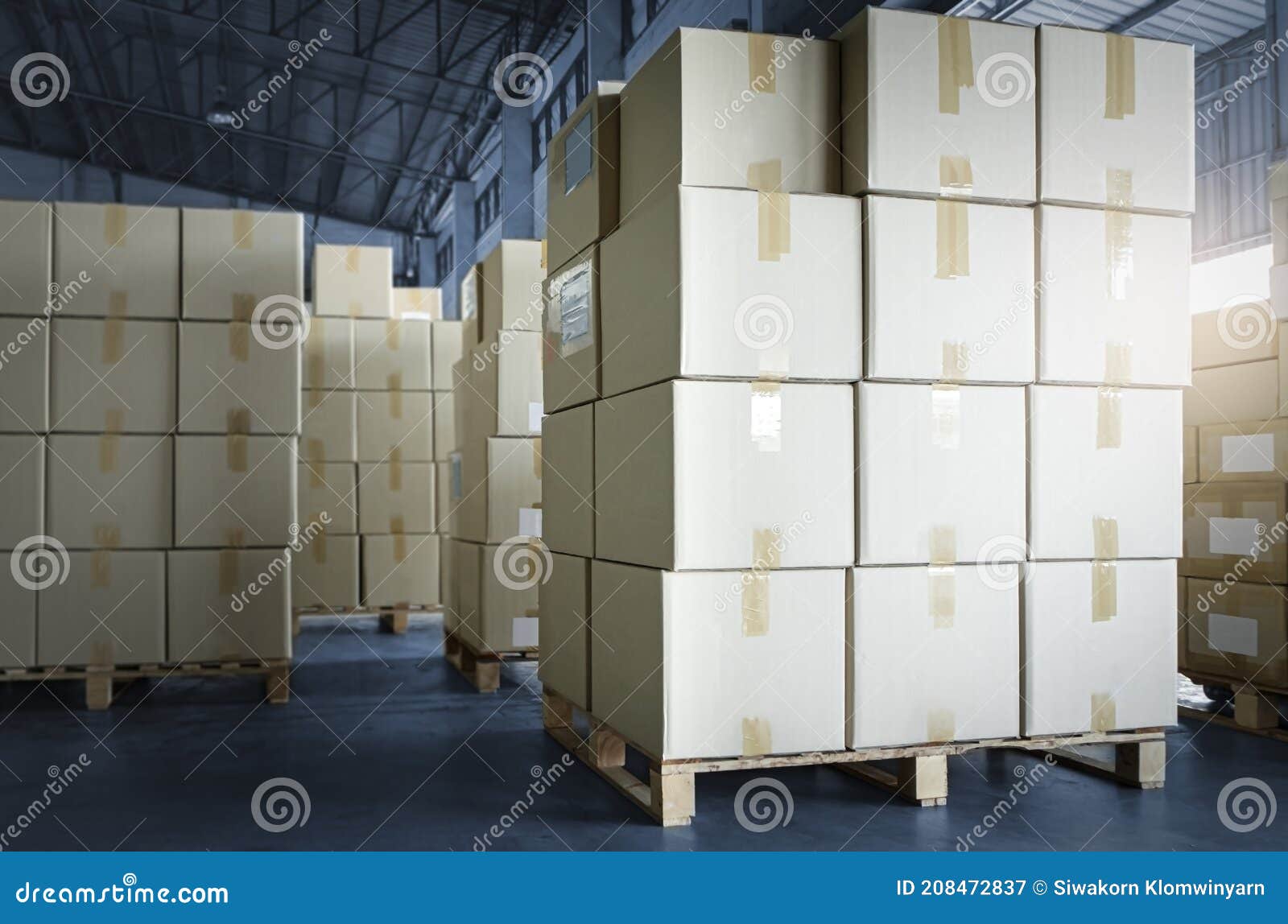 Shipment. Cargo Export. Stacked Of Cardboard Boxes On Plastic Pallets ...
