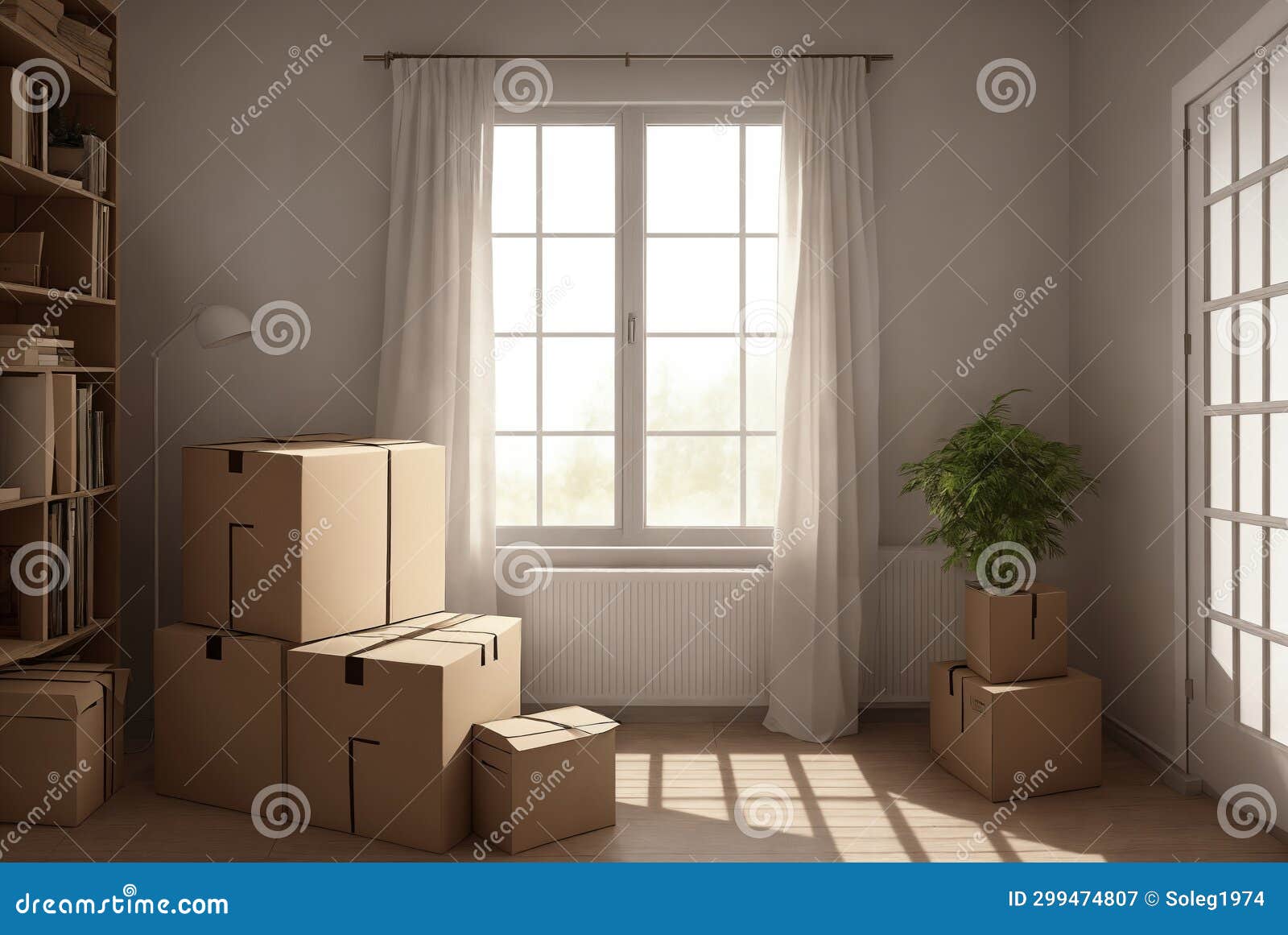 A Stack of Cardboard Boxes in a Room, a Lot of Objects at the Window ...