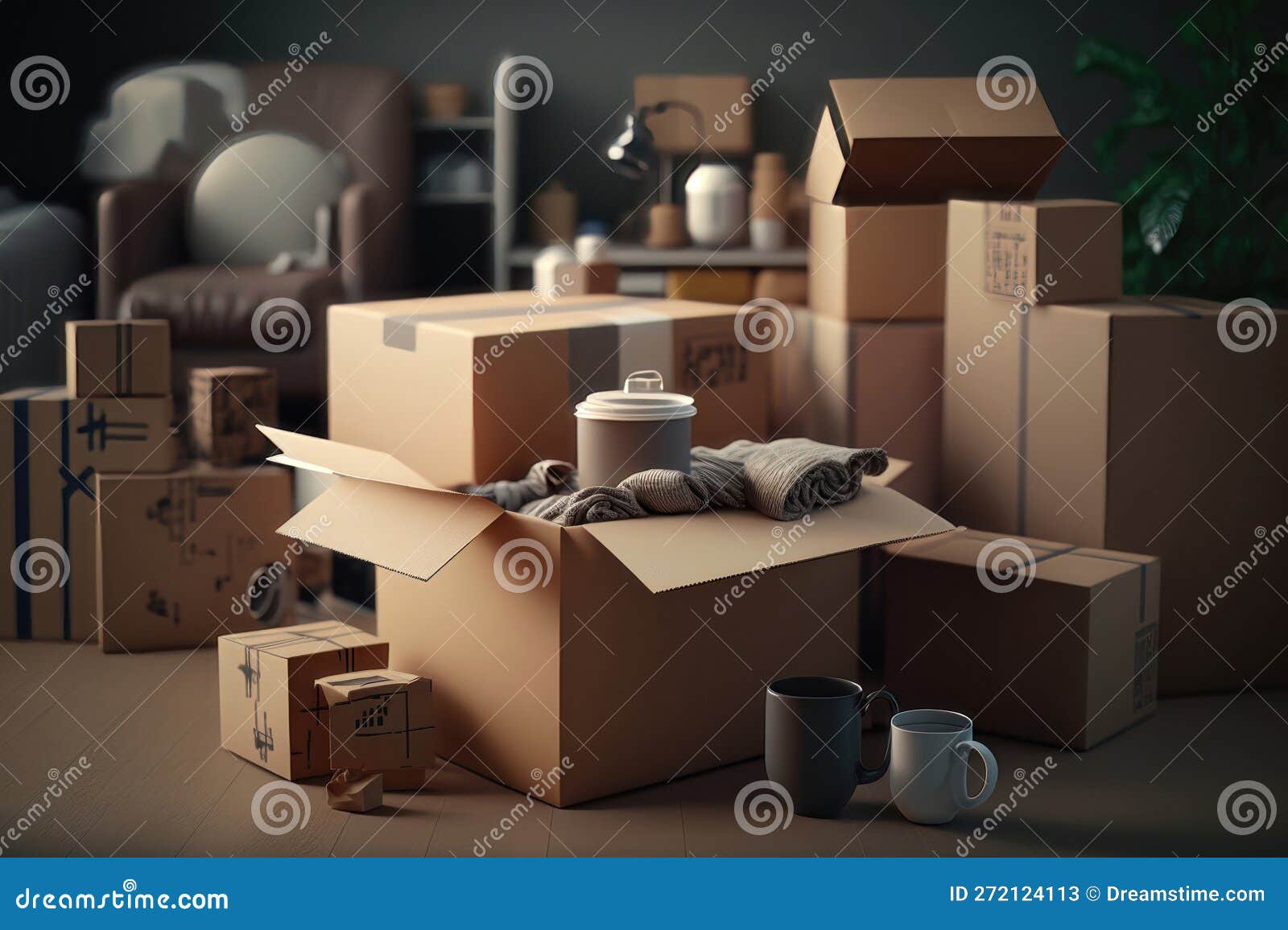 Stack of Cardboard Boxes in Room. Packed Things Ready for Moving in or ...