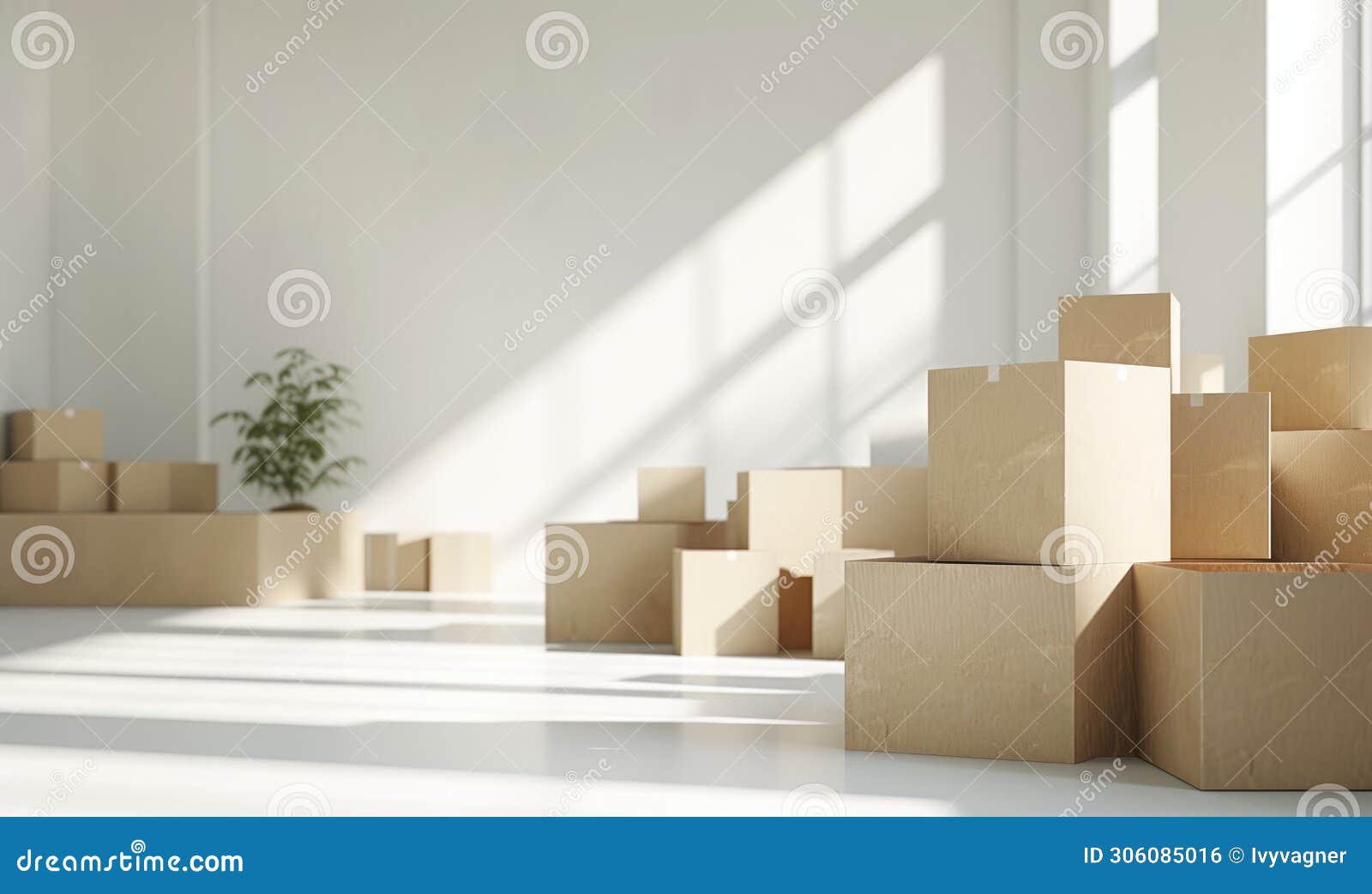 Stack of Cardboard Boxes in White Room with Sunlight. Space for Text ...