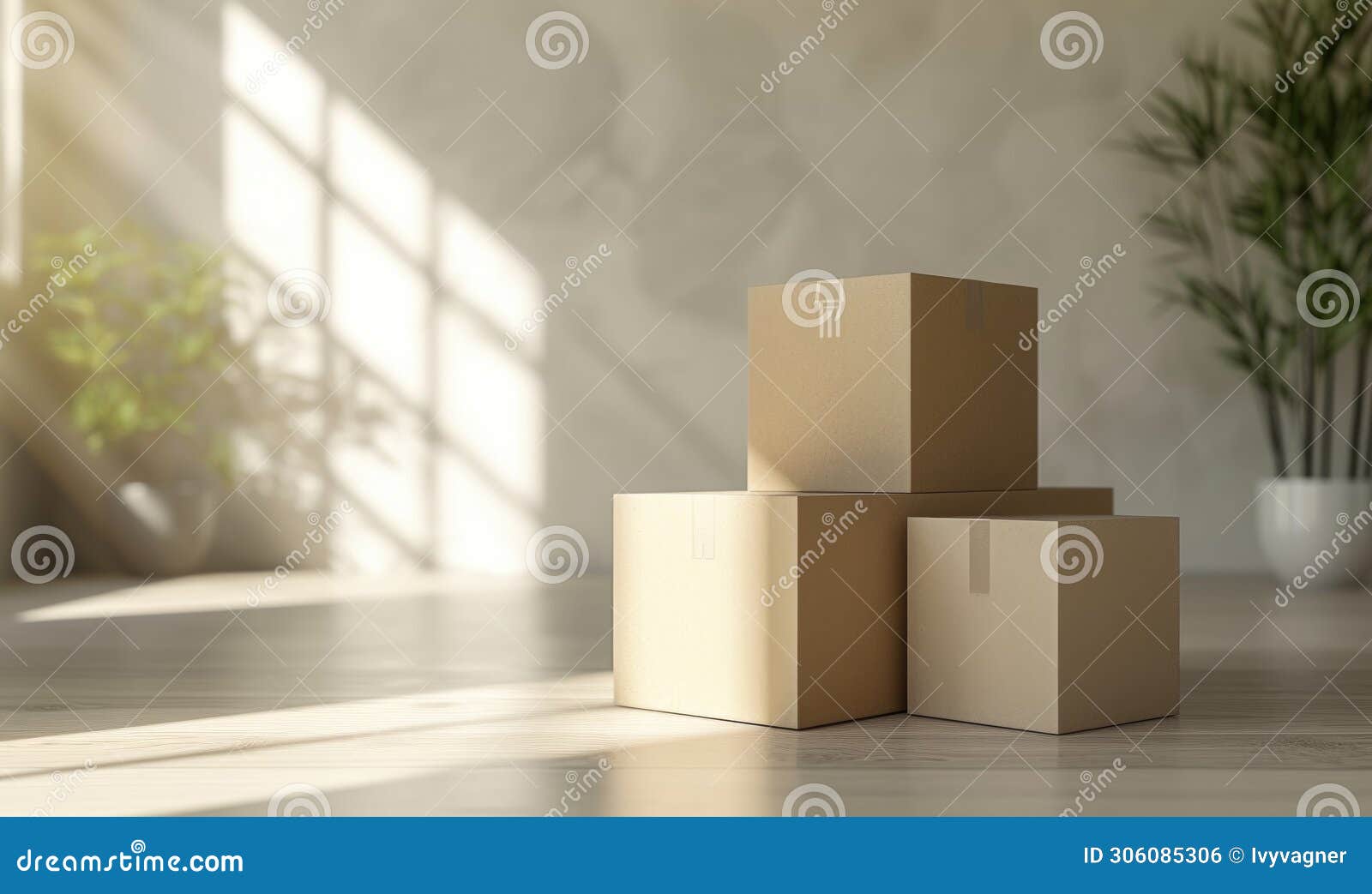 Stack of Cardboard Boxes in White Room with Sunlight. Space for Text ...