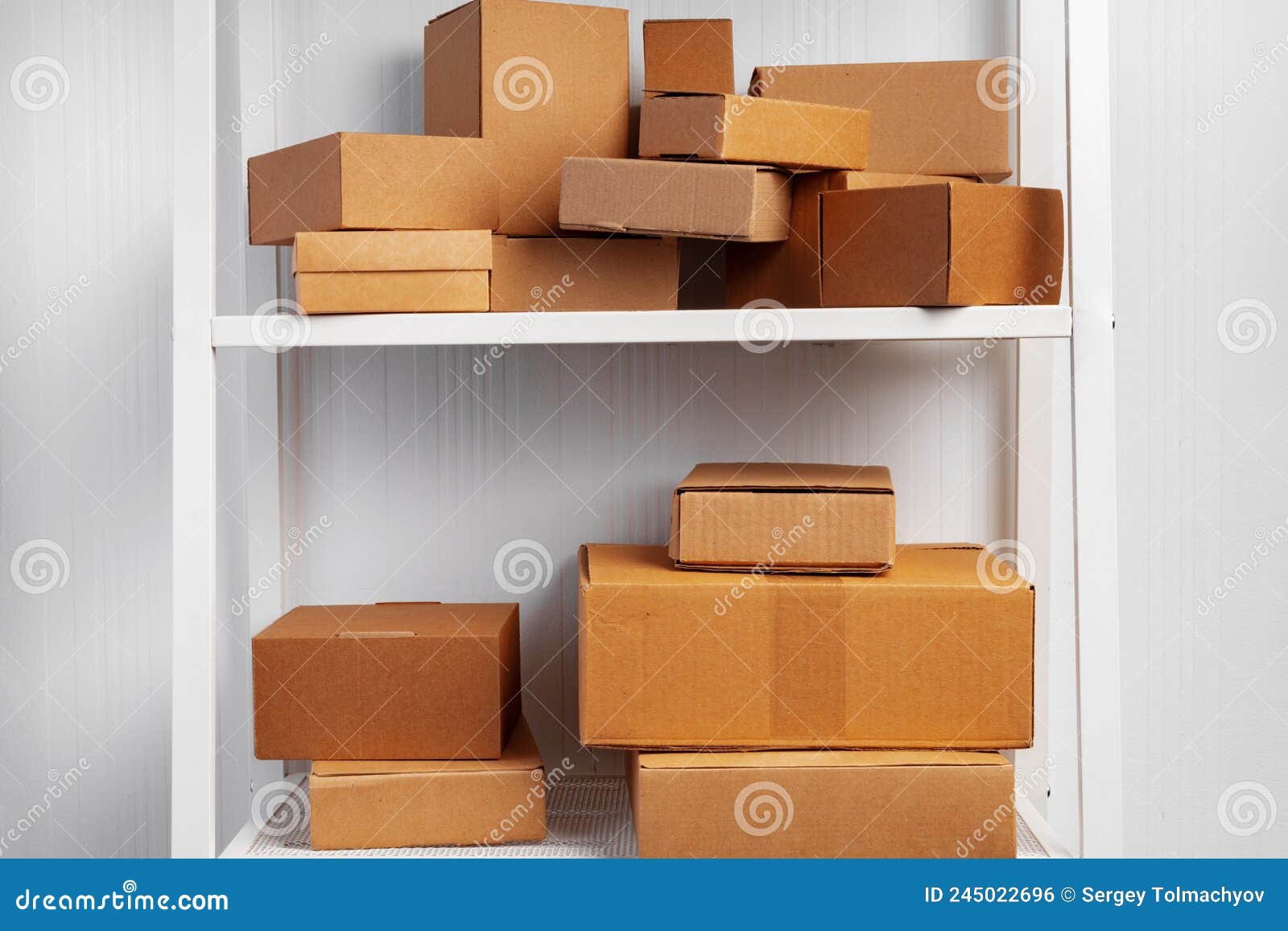 Stack of Cardboard Package Boxes on Wooden Rack Stock Photo - Image of ...