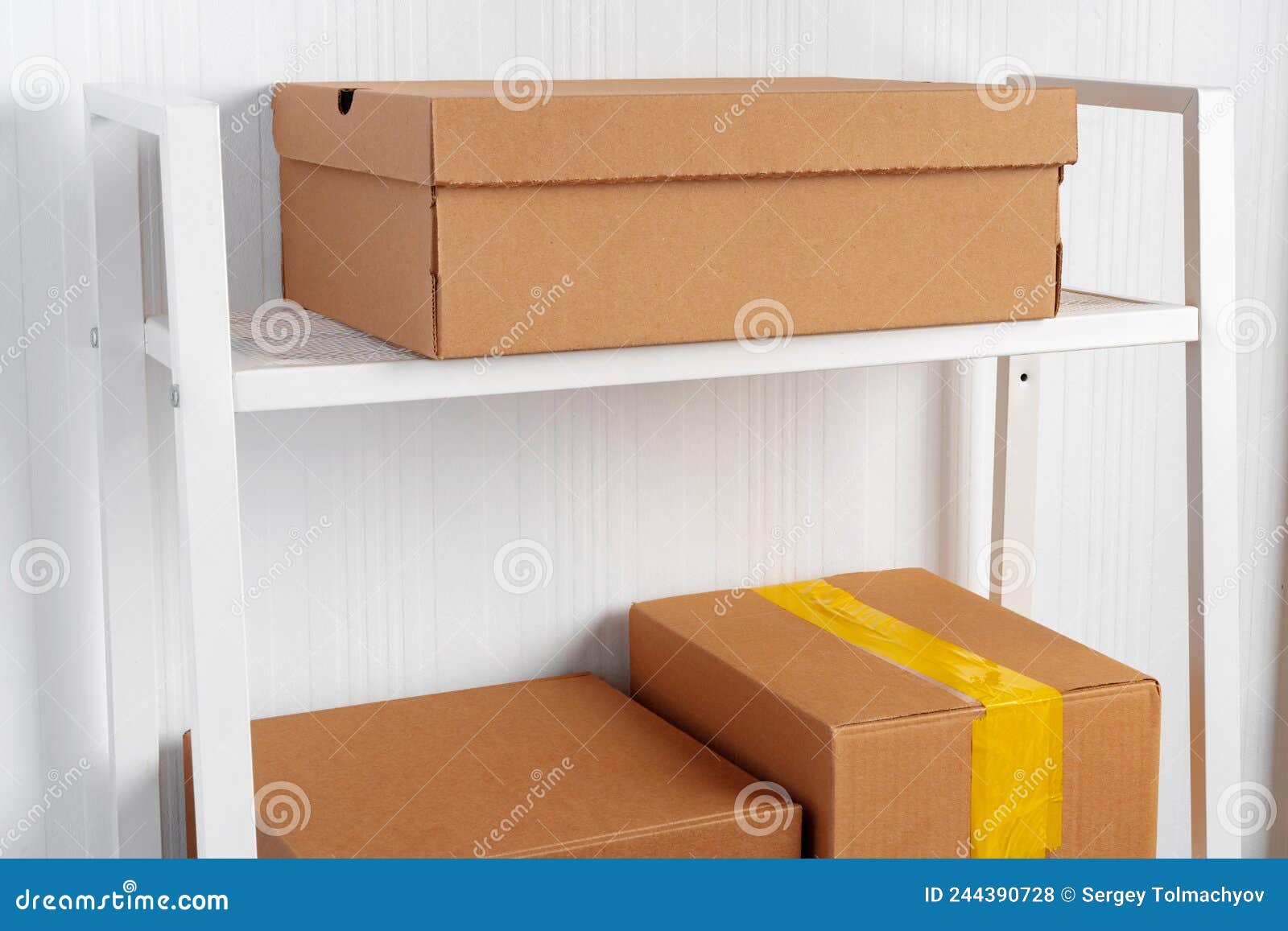 Stack of Cardboard Package Boxes on Wooden Rack Stock Photo - Image of ...