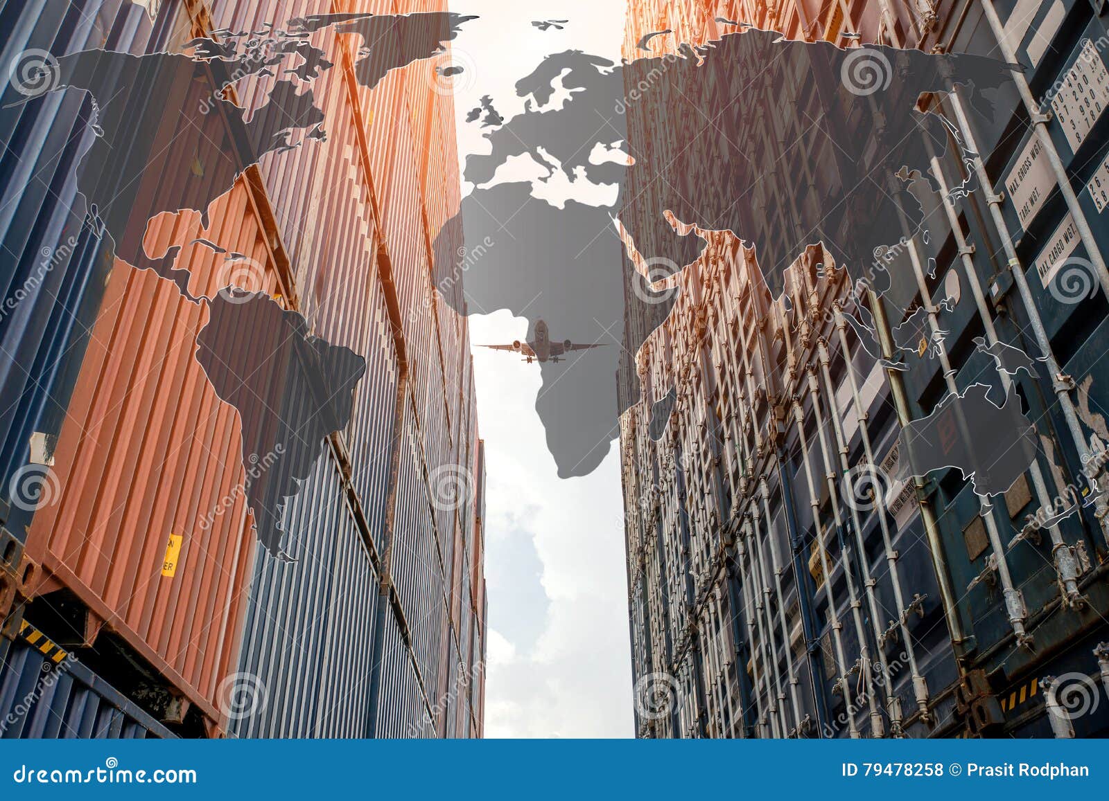 Stack of Cargo Containers with Global Map at the Docks. Stock Photo ...