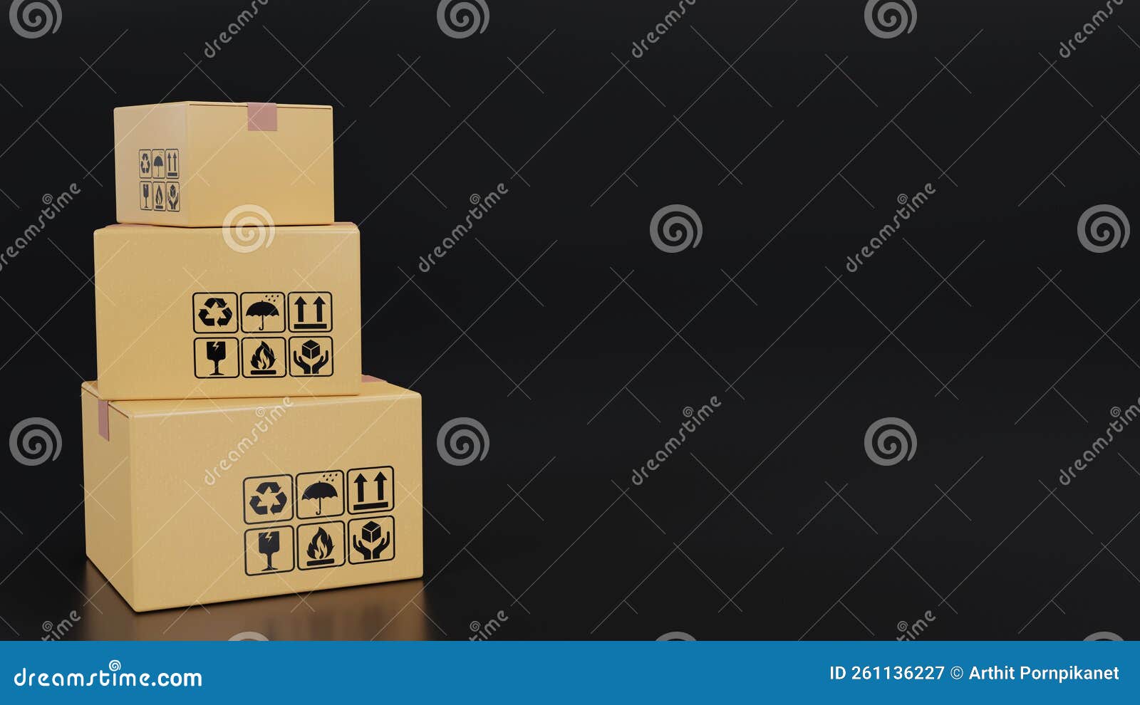 Stack of Carton Boxes on Black Background, 3D Rendering Stock ...