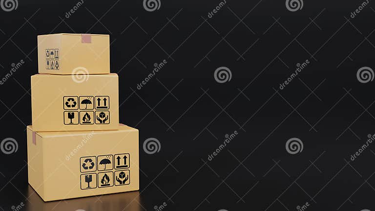 Stack of Carton Boxes on Black Background, 3D Rendering Stock ...