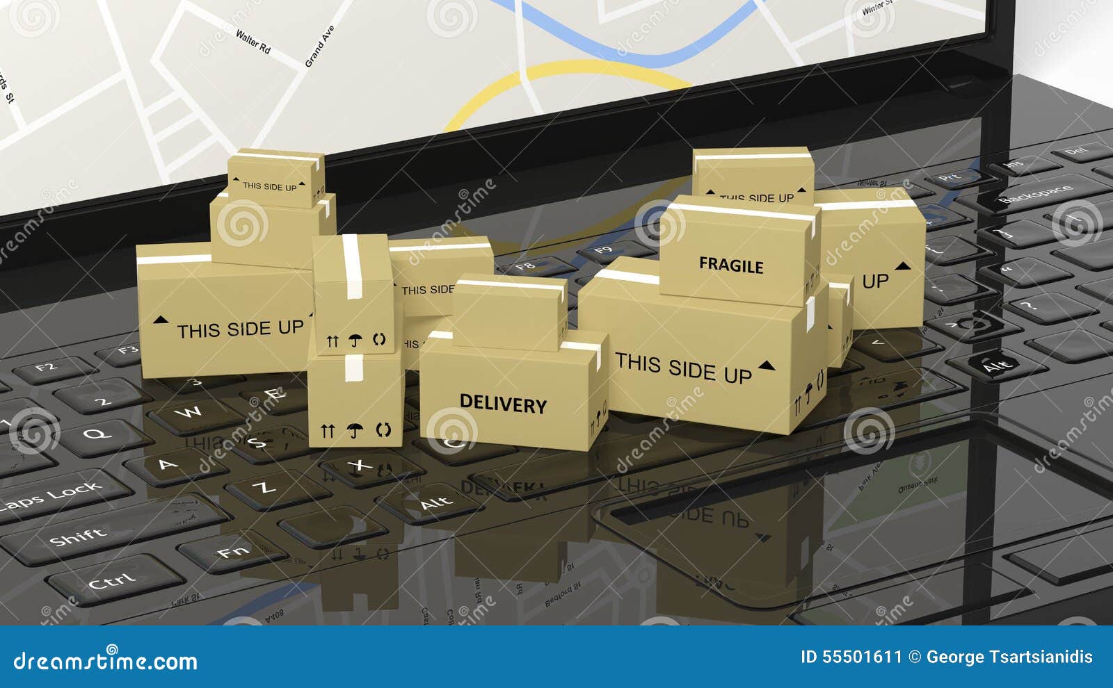 Carton Boxes With Modems On Roller Conveyors. 3D Rendering Royalty-Free ...