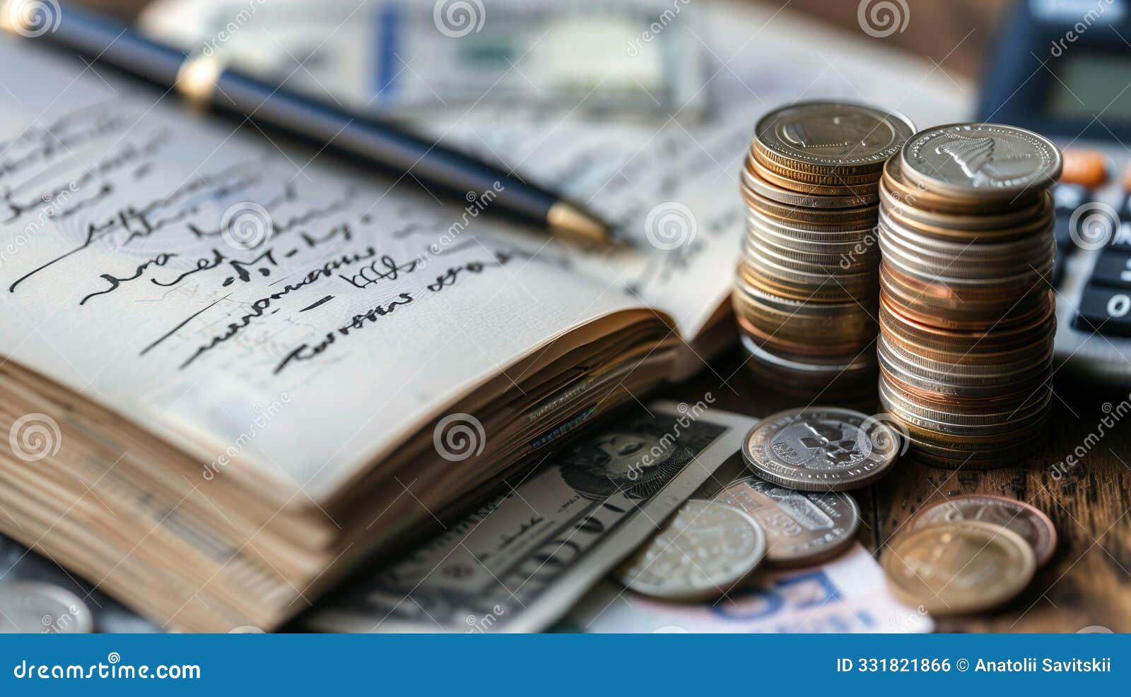 A Stack of Cash Alongside Coins and a Notebook Filled with Notes and ...
