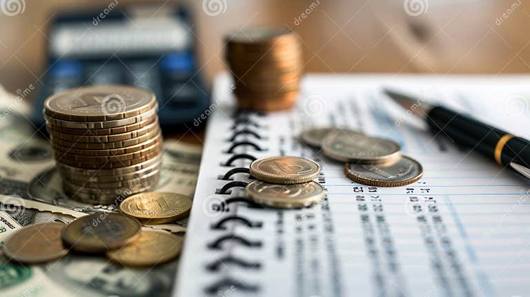 A Stack of Cash, Coins, and an Open Notebook Filled with Notes and ...