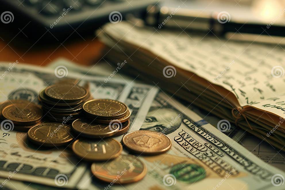 A Stack of Cash and Coins Rests beside an Open Notebook of Notes and ...