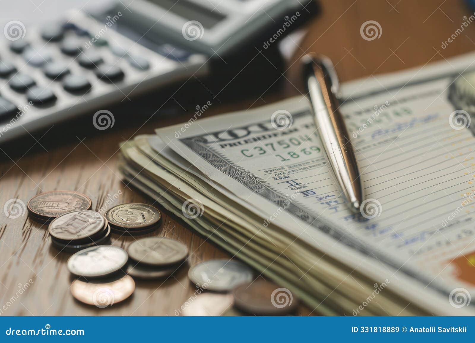 A Stack of Cash and Coins Sits beside a Notebook Filled with Notes ...