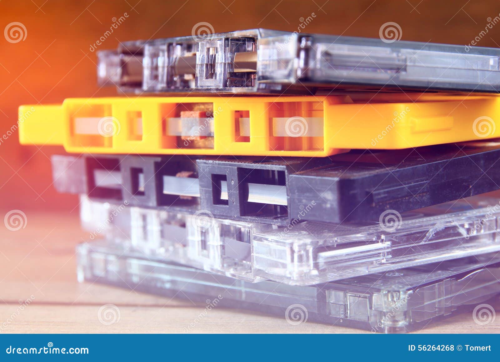 Stack Cassette Tapes Over Wooden Table. Retro Filter Stock Photo ...