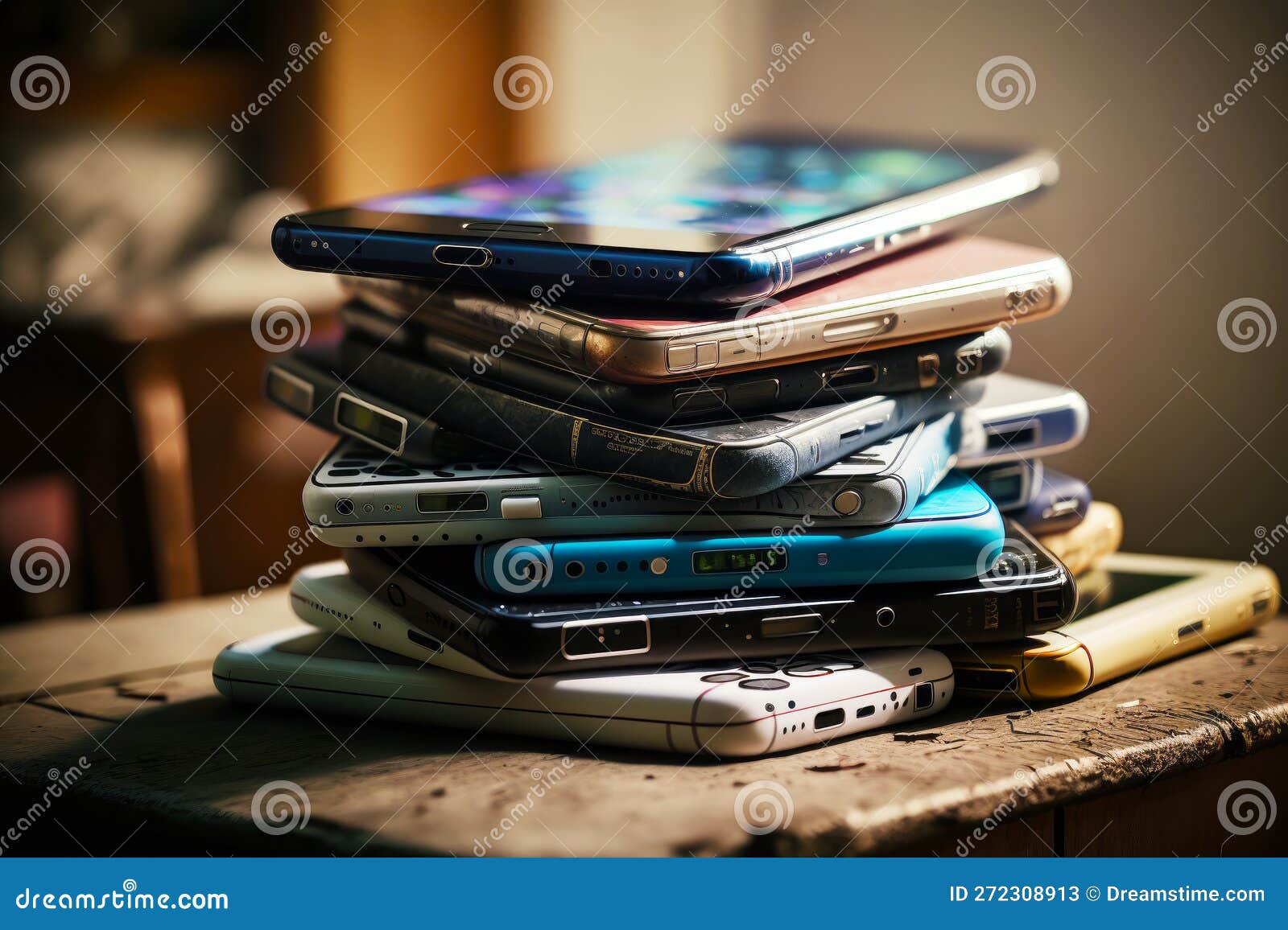 Stack of Cell Phones Sitting on Top of Each Other on Top of Table ...