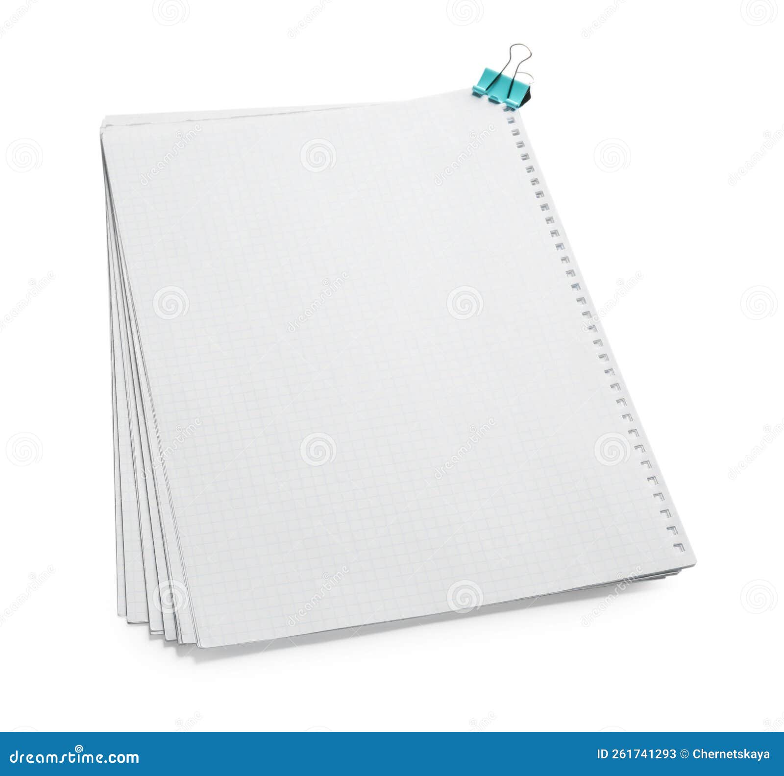Stack of Checkered Paper Sheets with Binder Clip on White Background ...