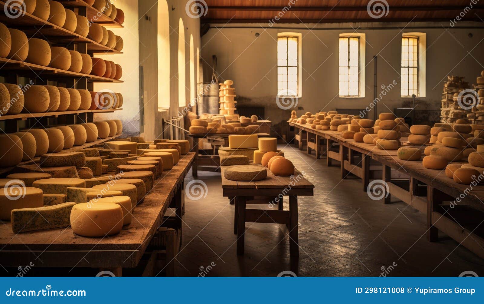 Stack of Cheese Wheels in a Rustic Cellar Generated by AI Stock ...