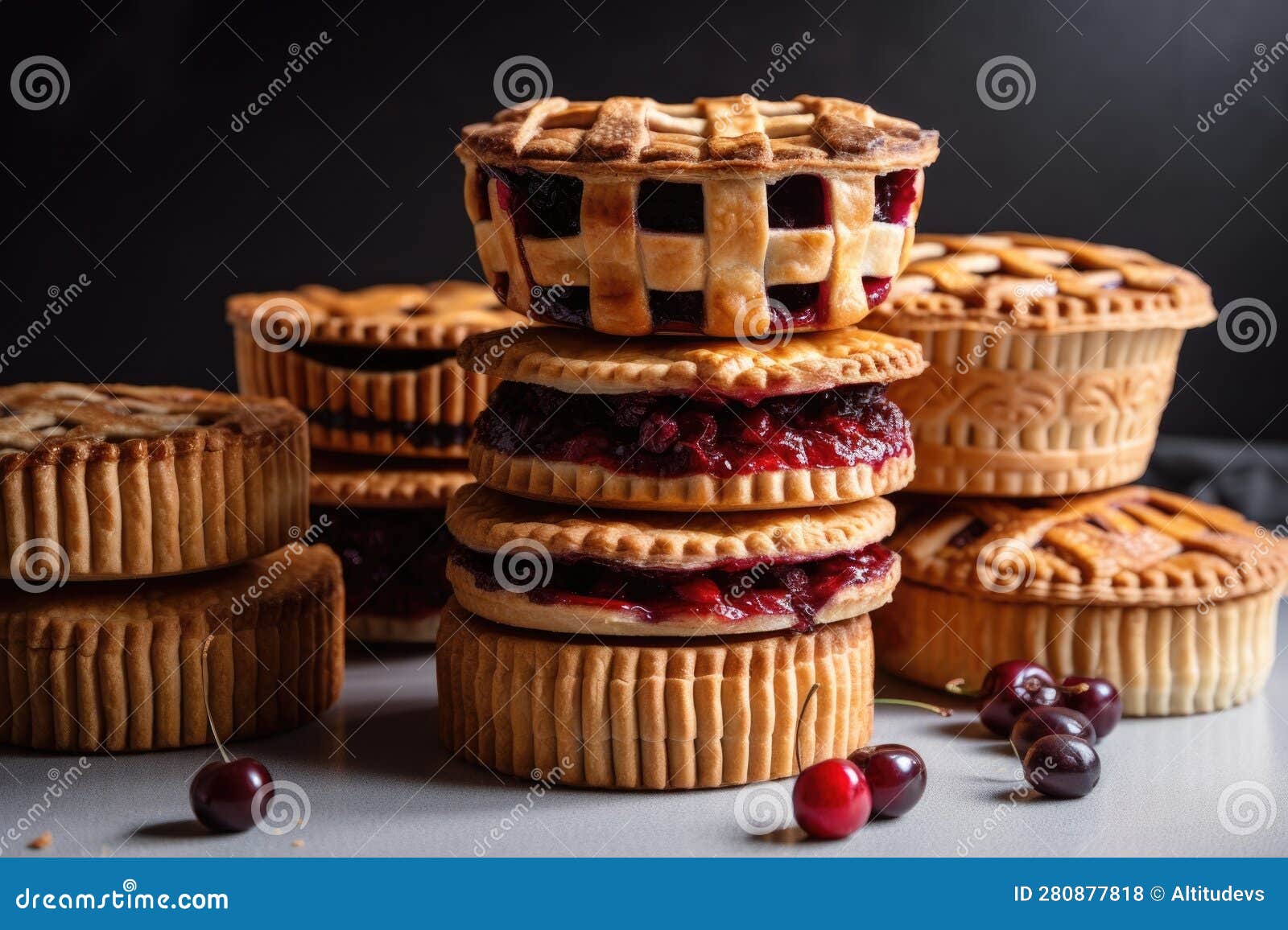 Stack of Cherry Pies, Each One with a Different Design Stock ...