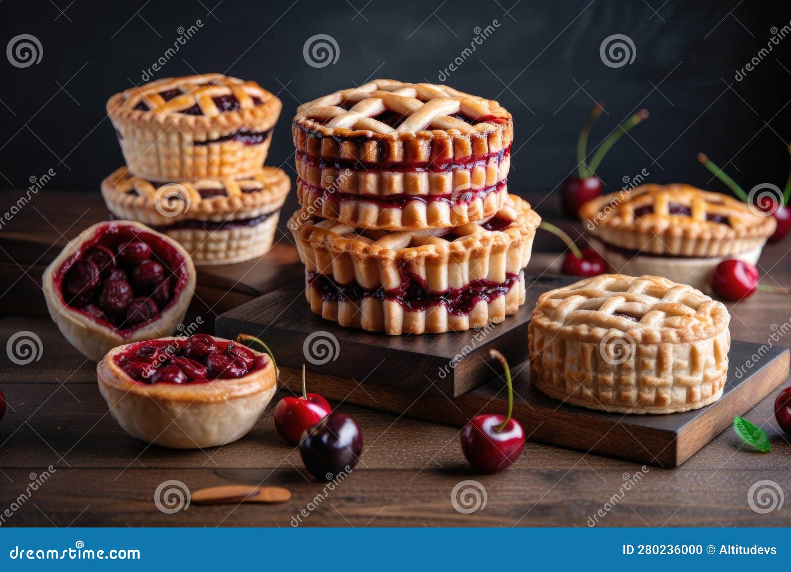 Stack of Cherry Pies, Each One with a Different Design Stock ...
