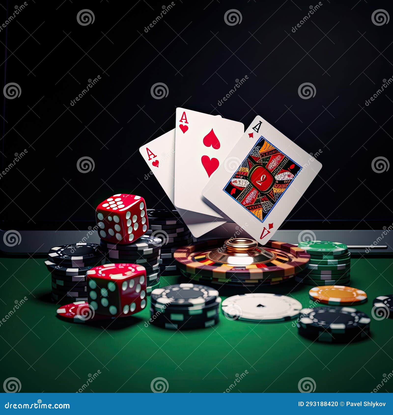 Stack of Chips and Two Aces on the Table on the Green Baize - Poker ...