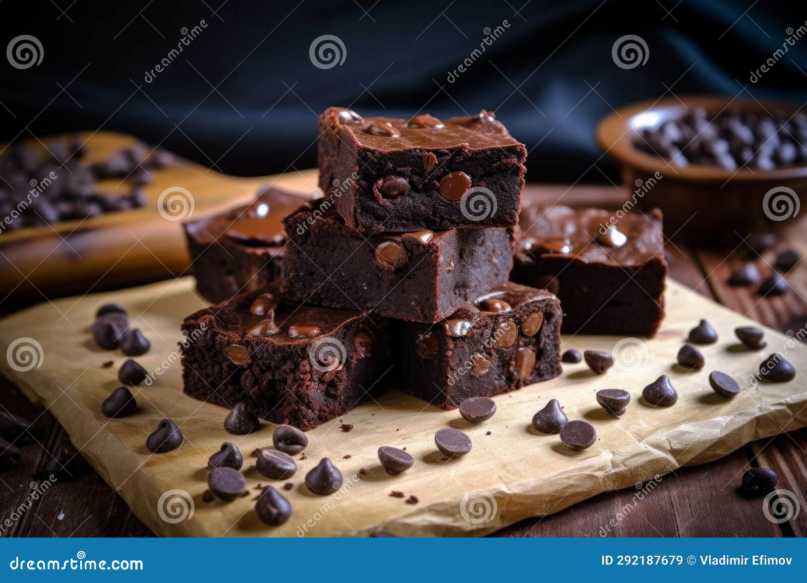 Stack of Chocolate Brownies Sitting on Wooden Board, Chips Stacked in ...