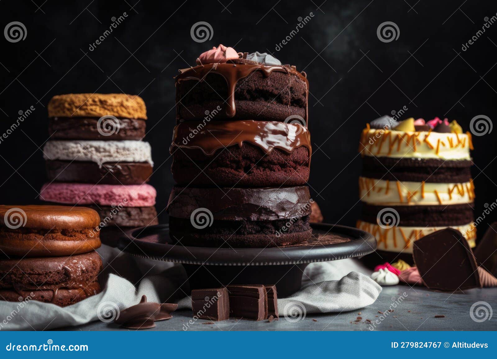 Stack of Chocolate Cakes, with Different Flavors and Frosting Stock ...
