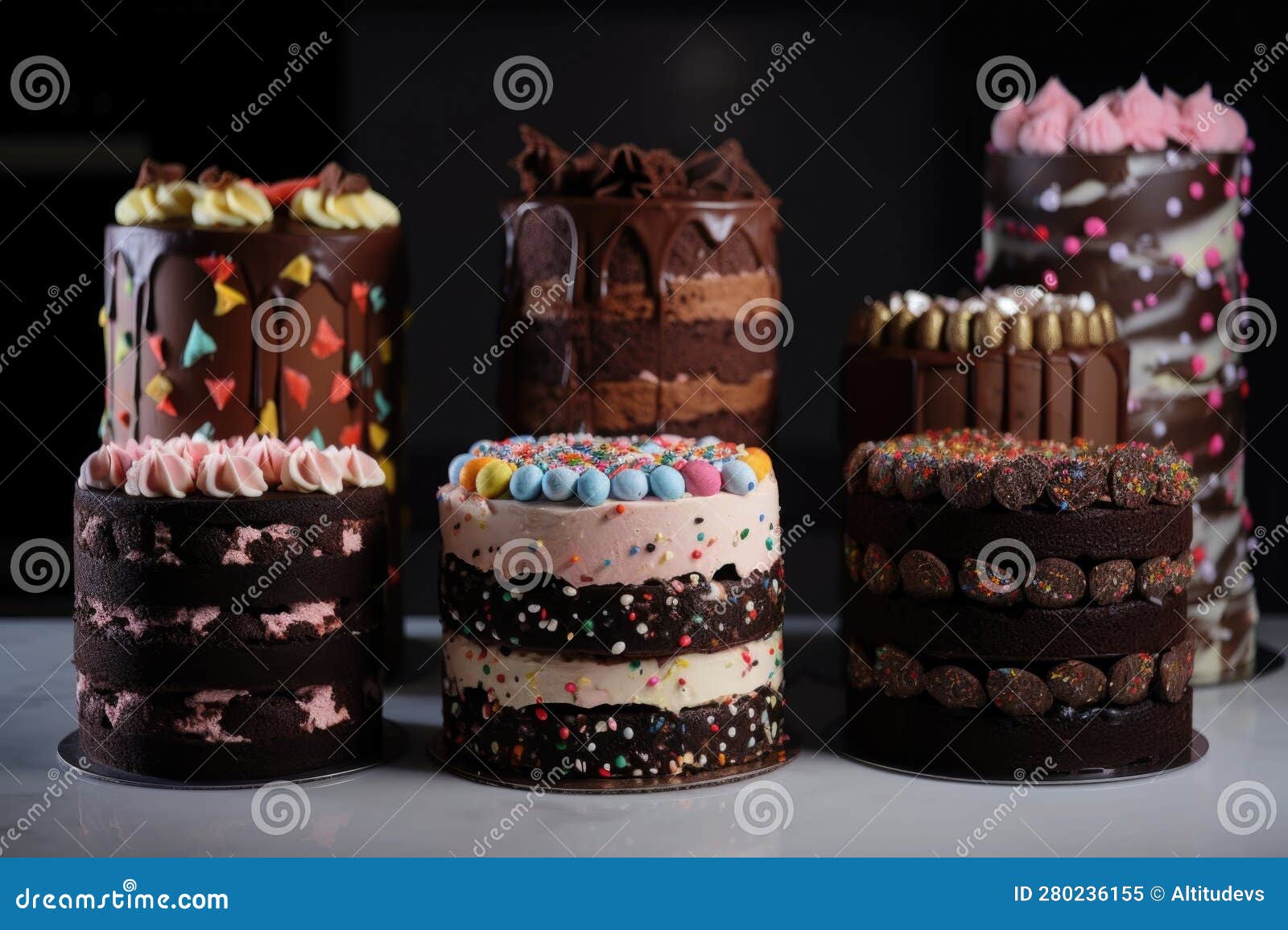 Stack of Chocolate Cakes, with Each Layer Adorned with Different Types ...