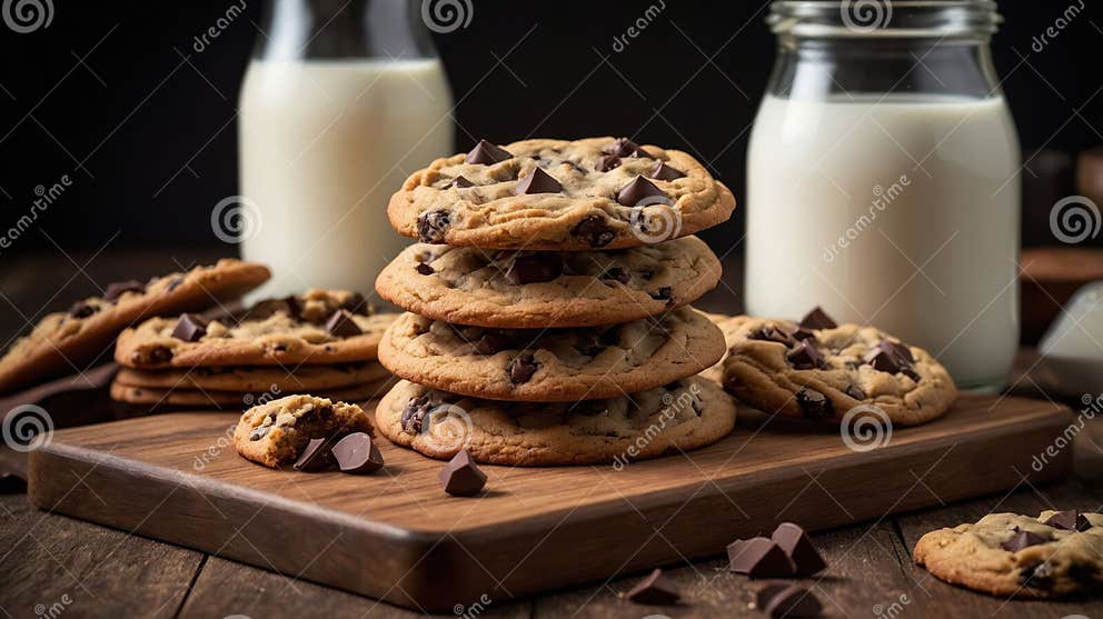 A Stack of Chocolate Chip Cookies with Milk in Jars, Creating a Cozy ...